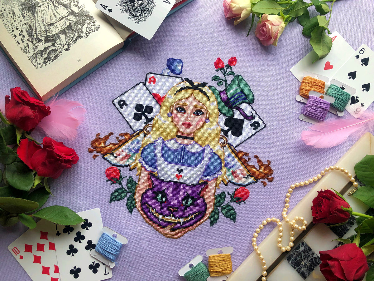 Alice in Wonderland & Cheshire Cat Cross Stitch Pattern - NeedleLot Designs