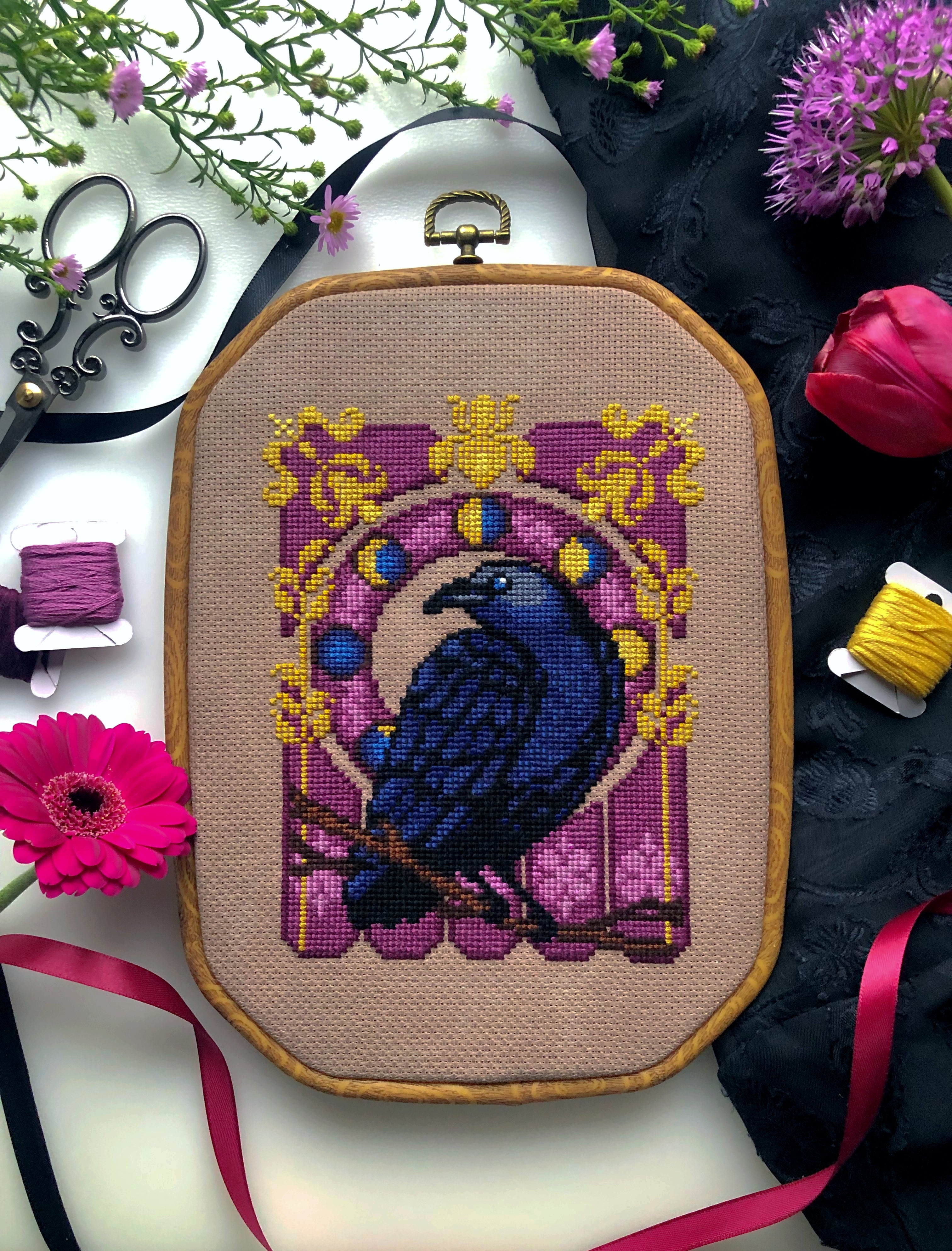 Art Nouveau Crow Cross Stitch Pattern - NeedleLot Designs